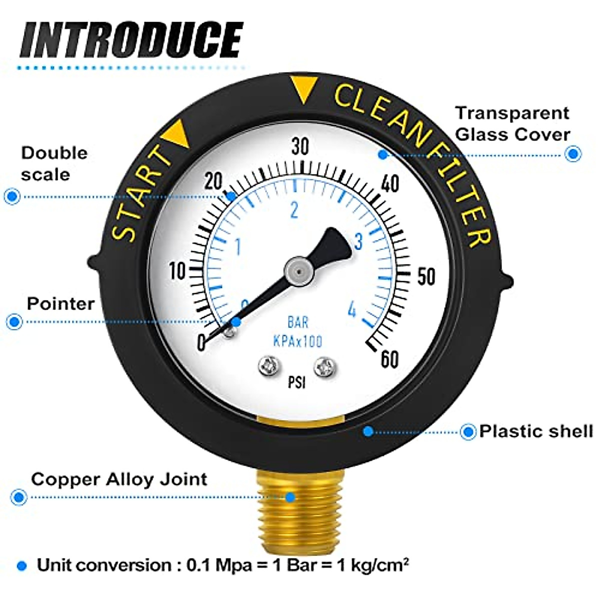 MEANLIN MEASURE 0~60Psi Plastic Frame 1/4" NPT Start and Clean Filter Pressure Gauge，Suitable for Swimming Pool, spa, Aquarium，Lower Mount