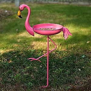 SMQLJXC 41 in Tall Flamingo Outdoor Bird Bath, Metal Bird Bath Bowl, Bird Feeder or Drinker Plate with Metal Stake, Home Garden Lawn Yard Decorations (Pink)