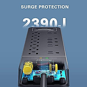 Huntkey Power Strip Surge Protector, 12 Outlets with 2 USB A Ports, 6ft Heavy Duty Extension Cord for Home, Office, Dorm Essential, 2390 Joules, ETL Listed, Black