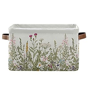 xigua Vintage Colorful Herbs Wild Flowers Floral Storage Basket Collapsible Toy Storage Bins Waterproof Canvas Storage Basket with Leather Handles for Home Closets Offices,Bedrooms,Kids Toy and Gift Baskets,2PCS