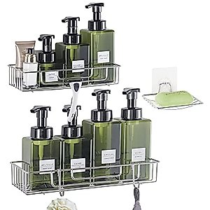 YSJHHJLL Shower Caddy Basket with Soap Dish and Hooks, No Drilling Traceless Adhesive Bathroom Shower Storage Organizer, No Rust, Never Collapse, for Bathroom Shower Shelves (Silver 3 pack)