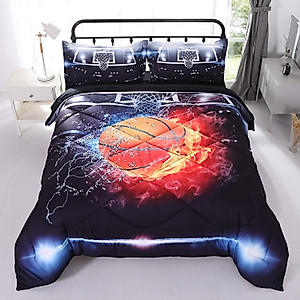 Wowelife Basketball Bedding Set Full Size 5 Pieces Basketball Sports Comforter Set Red Black 3D Fire Water Kids Comforter Sets Breathable with Comforter, Flat Sheet, Fitted Sheet and 2 Pillowcases
