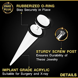 BanaVega 2PCS White Acrylic 16g 1.2mm 0g 8mm Taper Black O-Rings Cheater Plug Earring Illusion Gauge Ear Lobe Piercing Jewelry 2082