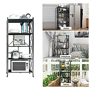 BENOSS Foldable Metal Storage Shelves with Wheels, Heavy-Duty Black Wire Rack Folding Storage Rack No Assembly, for Garage Kitchen Pantry Bedroom