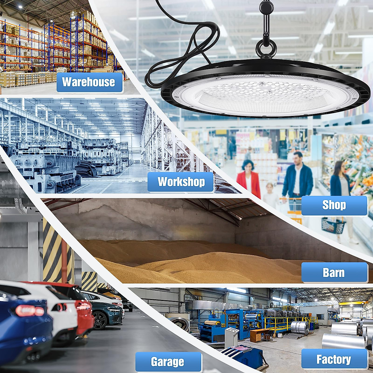 YANYCN 6 Pack 300W UFO Led High Bay Light Fixture,120VAC,5000K Daylight Commercial Shop Bay Lighting,45000LM,[1300W MH/HPS Equiv.] US Plug Area Lighting for Warehouse/Barn/Gym/Factory/Workshop/Garage