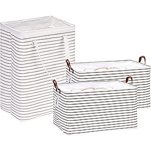 Hinwo 2-Pack 70L Extra Large Canvas Fabric Storage Bins with 77L Laundry Hamper, Grey Stripe