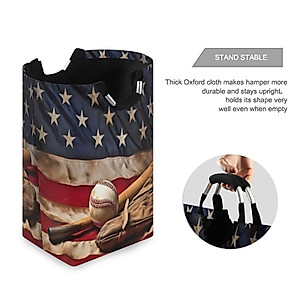 YETTASBIN Baseball American Flag Laundry Hamper, Waterproof Foldable Laundry Basket Large Dirty Clothes Toys Storage Basket with Handle for Bathroom, Bedroom, Laundry Room, Playroom