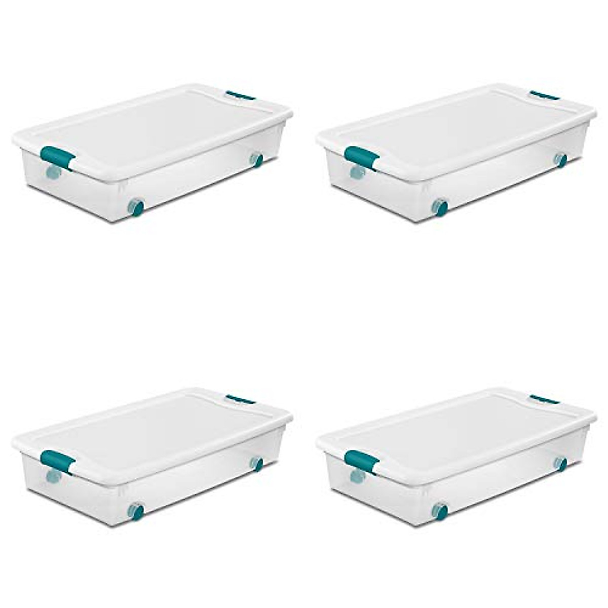 Sterilite 56 Qt./53 L Wheeled Latching Box Clears, Quart, White, 4 Piece & 19859806, 30 Quart/28 Liter Ultra Latch Box, Clear with a White Lid and Black Latches, 6-Pack