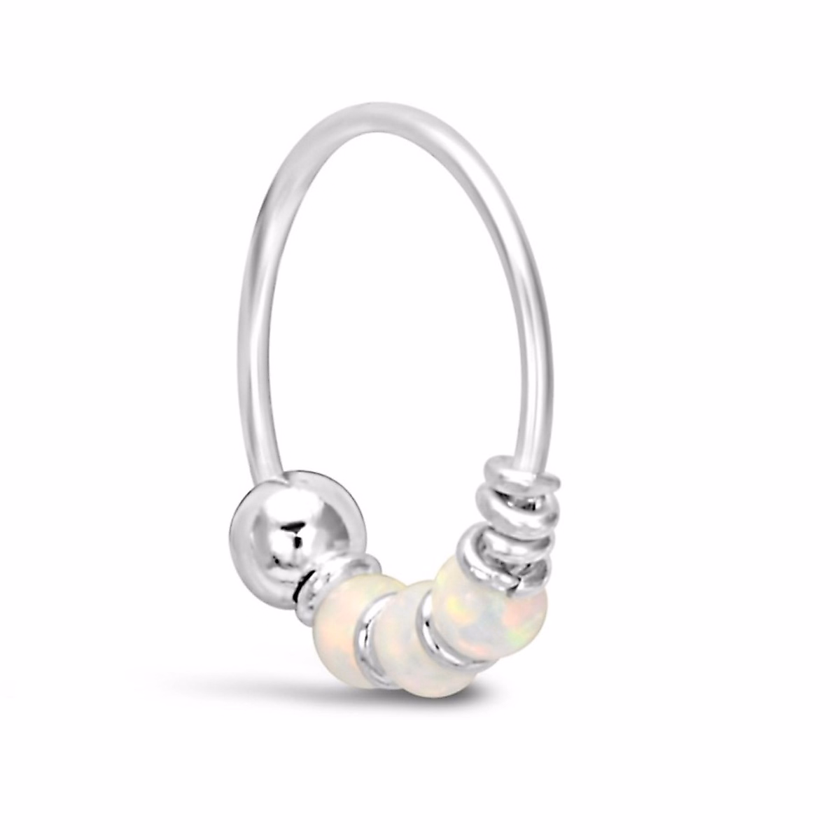 Handmade Silver Single 10MM Cartilgae Helix Piercing Hoop Earring with Trio White Opal, 925 Sterling Silver Very Small 10MM Thin 22 Gauge Hoop for women, By Miya Jewelry Creations