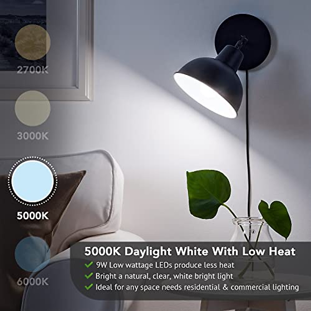 Maylaywood A19 LED Light Bulbs, 60 Watt Equivalent LED Bulb, Daylight White 5000K, 850 Lumens, E26 Standard Base, Non-Dimmable, 9W Bright White LED Bulbs for Living Room Bedroom Home Office, 12-Pack