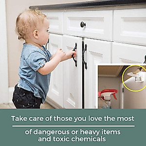 Baby Proofing Cabinet Locks (12 Pack) Includes Drawer Latch + 6 Wall Plug Covers - Adhesive Easy Installation Cabinet Locks For Babies (White)