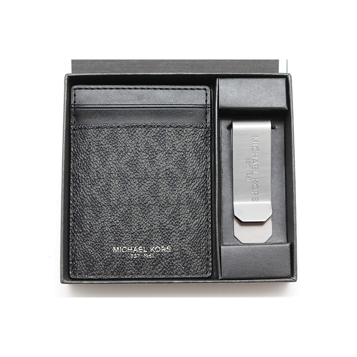 Michael Kors Men’s Leather Gifting Money Clip Card Case Box Set Black