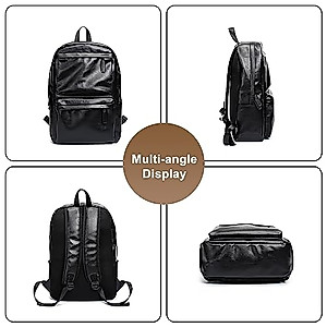 Men's 15 inch Laptop Backpack PU Leather Business Bookbag Large Capacity Casual Daypack for Work Commuting (Black)