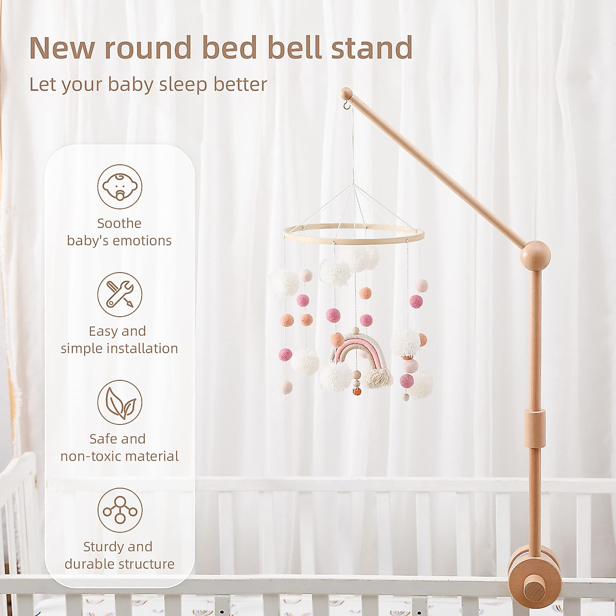 Baby Crib Mobile Arm - Wooden Baby Mobile Crib Holder 31 inch for Mobile Hanging Baby Crib Attachment for Nursery Decor