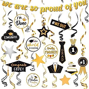 Graduation Party Decorations 2023, 31PCS Graduation Party Supplies Graduation Stuff Hanging Swirls Ceiling Decor And String Graduation Banner for Elementary 8th Grade High School College Black And Gold Class Of 2023 Congrats Decorations Grad Decor (Gradua