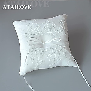 ATAILOVE Wedding Ring Pillow, Lace Pearl Ivory Ring Bearer Cushion for Wedding Party