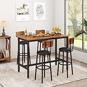 5 Piece Pub Bistro Dining Set, Bar Table Set with 4 PU Bar Stools with Backrest, Industrial Counter Height Dining Table Set for Kitchen Living Room Restaurant Small Space (Rustic Brown-Bar Table Set)