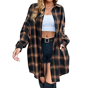 BMJL Womens Button Down Flannel Shirts Oversized Buffalo Plaid Shacket Long Sleeve Shirt Dress Long Jacket Coat Fall Tops fashion 2023(Brown, M)