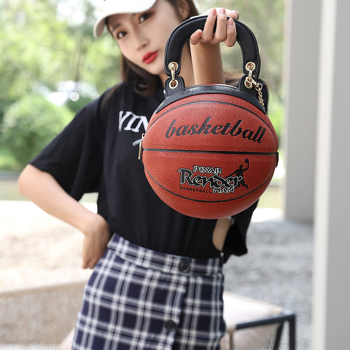 Basketball Ball Shaped Round Shoulder Bag handbag Messenger Crossbody bag Chain Diagonal Pack Bag for Women Girls (Basketball-Brown)
