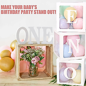 First Birthday Balloons Boxes for Boy or Girl 'ONE' Letters Individual Three White Transparent Square Boxes Baby 1st Birthday Party Decorations Backdrop Photo Shoot Prop