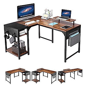It's_Organized Reversible L Shaped Desk with Monitor Stand,58x47 inch Corner Desk,Study Writing Computer Table with Storage Shelves for Home Office,Rustic Brown/Black