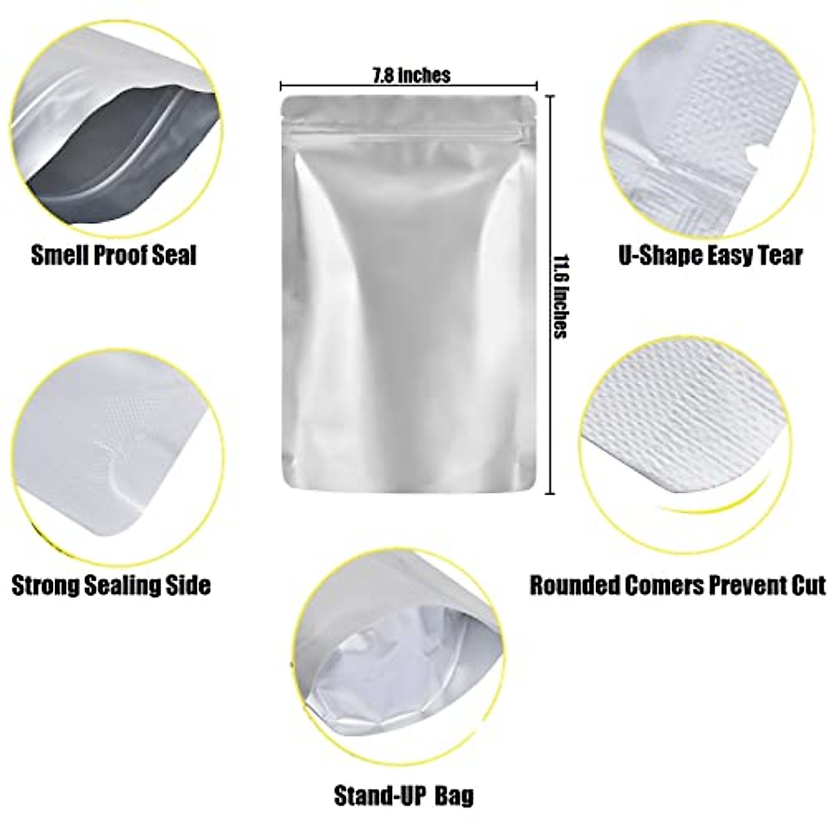 JUZONSA 2 Quart Mylar Bags for Food Storage,Heat Resealable Mylar Bag with Stickers,Storage Bags for Food 4.75 Mil Thick,7.8"x11.6" (50Pack-2Quart)