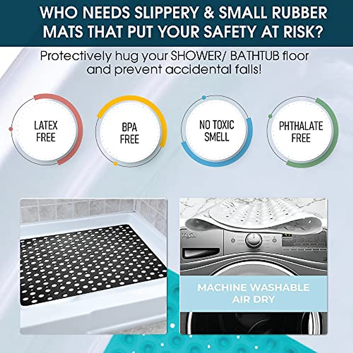 ENKOSI Large Square Non Slip Shower Mat | 27 x 27-inch Shower Mats for Showers Anti Slip - Square Shower Stall Mat for Bathroom Shower Floors | Secure Suction Cups and Drain Holes (Grey)