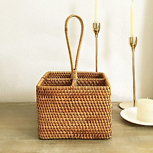 i-lan 2 Pack 4 Section Square Rattan Basket with Handle, 7”Divided Woven Remote Control Basket Tray with 5”Wall , Boho Catch-all Bottle Caddy Serving Basket Box for Cosmetic Organizer Utensils Holder
