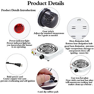 Compact and Portable Countertop Burner- Countertop Single Coiled Burner 1000 Watts Electric Hot Plate Temperature Controls White