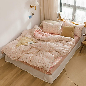 BlueBlue Rabbit Duvet Cover Set Queen 100% Cotton Bedding for Kids Boys Girls Teens Cartoon Bunny Red Flower Garden on Pink 1 Reversible Check Comforter Cover Full 2 Pillowcases