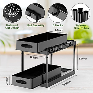 2PACK Double Sliding Cabinet Organizer, Under Sink Organizers and Storage, 2 Tier Kitchen Organization with 6 Hooks, Bathroom Countertop Organizer, Pull Out Cabinet Organizer Baskets