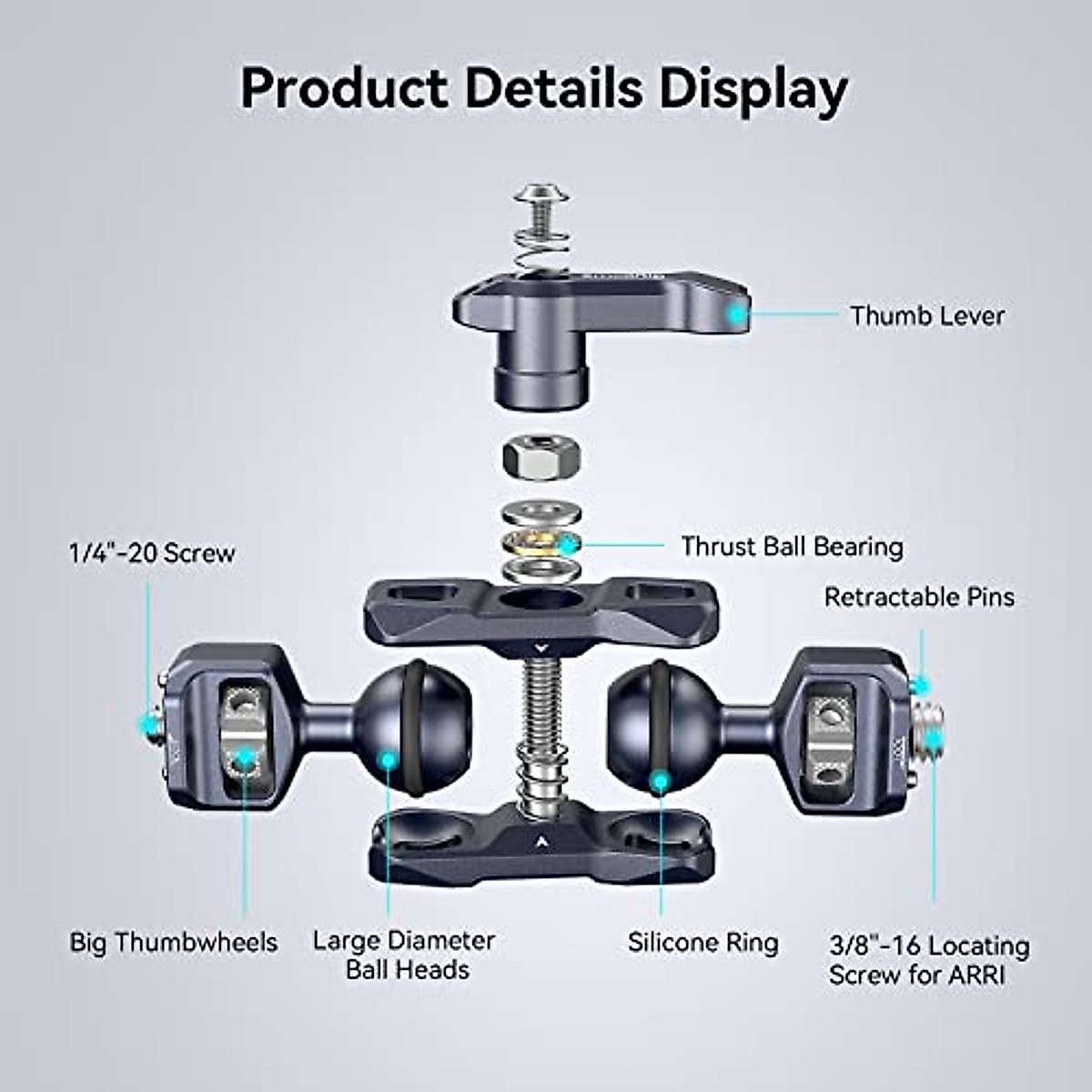 SmallRig Articulating Magic Arm with 3/8"-16 Locating Screw for ARRI and 1/4"-20 Screw (with Retractable Pins), 360 Degree Rotation, Max Load of 12 Ib Magic Arm for Monitor, Camera, and Lights 3874