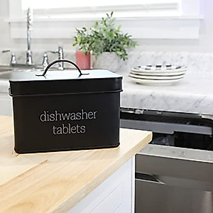 AuldHome Black Dishwasher Pod Holder, Tablet Container; Enamelware Kitchen Storage Tin with Lid