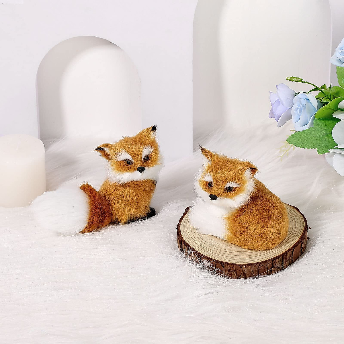 Sosation 2 Pcs Simulation Fox Mini Toy Fur Animal Model Stuffed Ornament Static Action Figures Fox Standing Sitting Plush for Home Office Desktop Bag Decoration 3.94 x 3.54 in, 3.15 x 2.75 in(Brown)