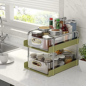 JAWNLITY Bathroom Counter Organizer with Pull-out Drawers, 2 Tier Sliding Cabinet Organizer Shelf with Handles, Clear Slide-out Under Sink Organizer for Kitchen, Pantry Storage (Green)