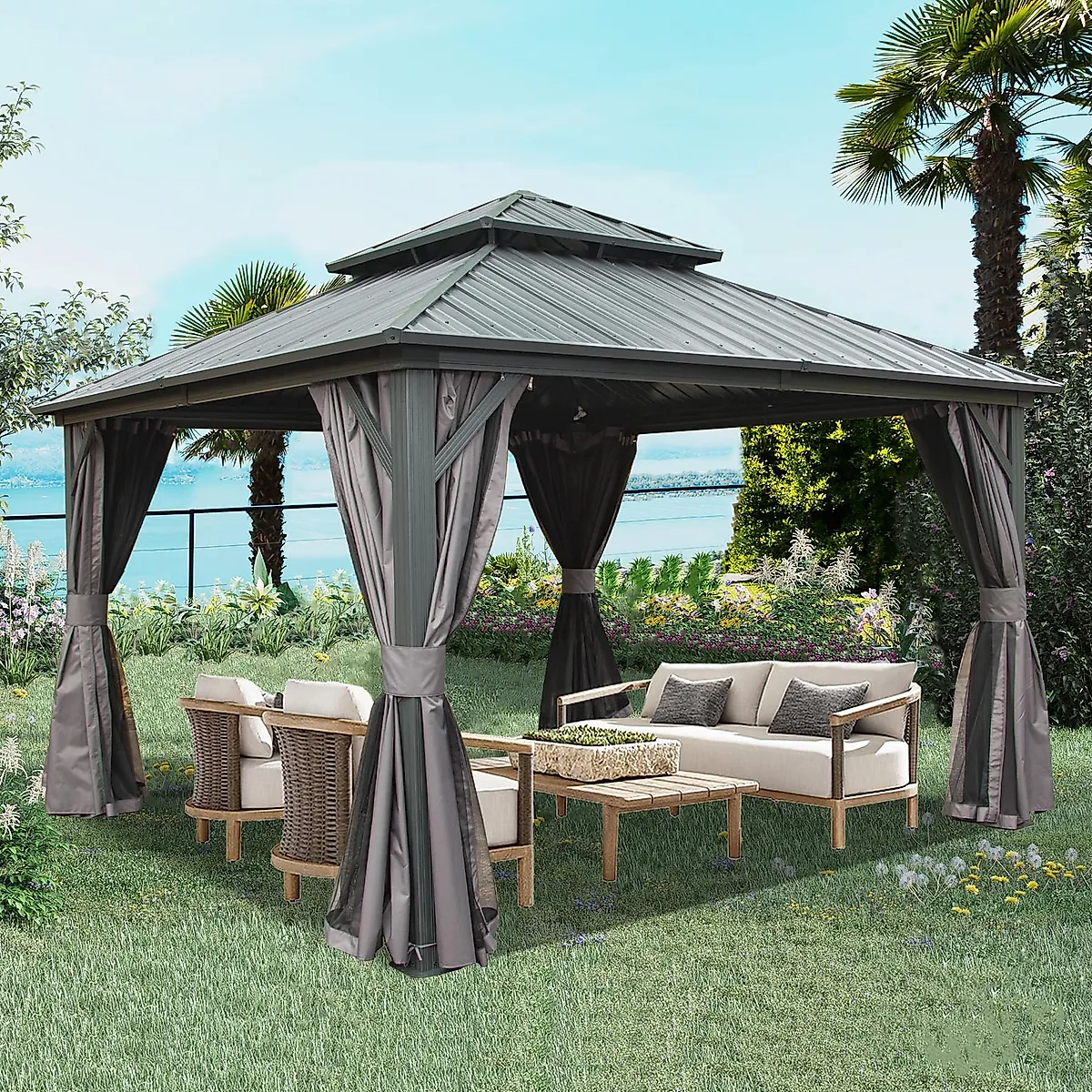 Domi 12' x 12' Hardtop Gazebo Permanent Aluminum Metal Gazebo with Galvanized Steel Double Roof Canopy, Curtains, and Netting for Patio, Backyard, Deck, Lawn