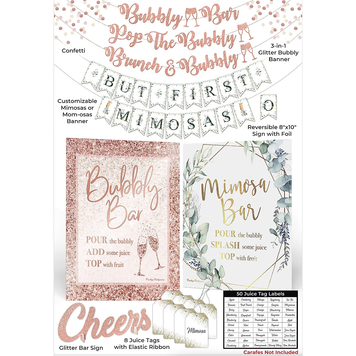 PRESTIGE Mimosa Bar Kit | Bridal Shower Decorations, Rose Gold Bachelorette Party Decorations, Bridal Shower Decor, Brunch & Bubbly Bar Sign, Pink Galentines Day Decorations, Mothers Baby Girl (Rose)