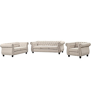 Morden Fort Classic Chesterfield Victoria Arm Loveseat Set, Tufted Loveseat Sofa No Sagging with Solid Wood Legs, Pet-Friendly Love Seat Set Couch for Living Room Bedroom Apartment - Chenille Beige