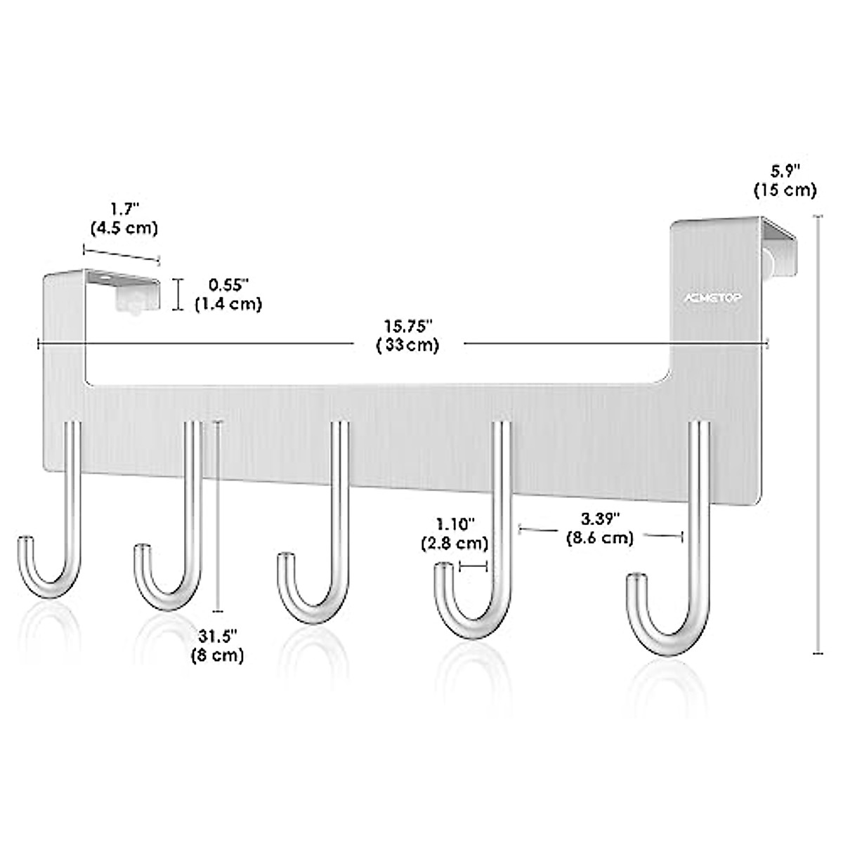 ACMETOP Over The Door Hooks, Aluminum Door Hanger Hook with 5 Coat Hooks for Hanging, Heavy Duty Over The Door Coat Rack for Towel, Bag, Robe, Back of Bathroom, Silver