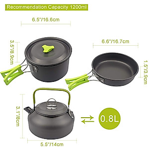 Peidesi Camping Cookware Mess Kit, Portable Camp Stove Pots and Pans Set, Carabiner, Folding Knife, Fork Spoon Kit, Carry Mesh Bag,Teapot for Backpacking, Outdoor Camping, Hiking and Picnic（16Pcs）