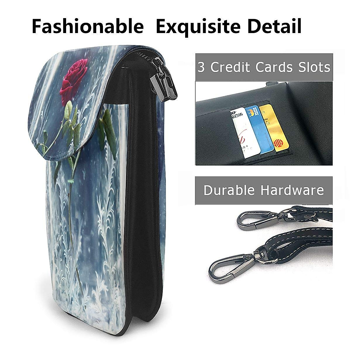 Perfect Gift - Stylish Beauty The Beast Rose Cell Phone Purse Wallet Big Pocket Small Crossbody Bags Adjustable Shoulder Strap Cellphone Pouch With Card Slots