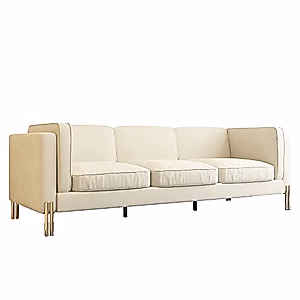 Hommoo 94" W 3 Seat Couch Mid Century Velvet Sofa with Metal Gold Legs Chesterfield with Removable Cushion Comfortable Sofa Couch for Small Apartment Living Room Bedroom Beige
