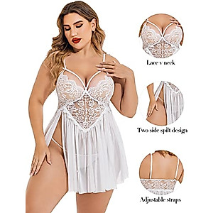 Avidlove Sexy Plus Size Lingerie for Women Lace Babydoll Chemise V Neck Sleepwear Mesh Nightwear Side Slit Nightie White
