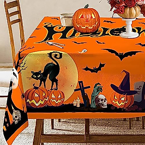 Hexagram Halloween Tablecloth, Halloween Table Cloth for Rectangle Tables 60 x 84, Halloween Kitchen Decor Moon Cat Washable Polyester Vintage Table Cover for Picnic Party Outdoor Dinner Dining Room
