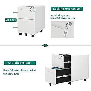 YITAHOME 2 Drawer Rolling File Cabinet, Metal Mobile Filing Cabinet with Lock Under Desk, Anti-Tilt File Cabinet for Legal/Letter Files in Commercial Office Home, White
