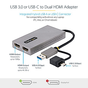 StarTech.com USB to Dual-HDMI Adapter, USB A/C to 2x HDMI Displays (1x 4K30, 1x 1080p), USB 3.0 to HDMI Converter, Win/Mac