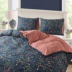 NEWLAKE Cotton Duvet Cover Queen Size - Soft Breathable Duvet Cover Set 3 Pieces with Zipper Closure, 1 Duvet Cover 90x90 Inches and 2 Pillow Shams, Navy Classic Floral Pattern