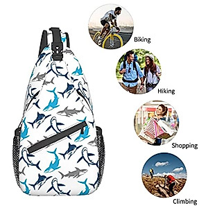 Shark Print Sling Bag Crossbody Backpack Elegant Seamless Pattern with Abstract Shark Silhouettes Gym Sports Travel Hiking Daypack Cute Animal Print Chest Bag Shoulder Bag for Women Men