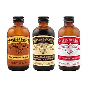 Nielsen-Massey Holiday Gifts Food Flavoring Bundle, Almond Extract, Peppermint Extract, Madagascar Bourbon Pure Vanilla Extract for Baking and Cooking, 4 Ounce Bottles