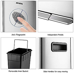 ANVAVA Trash Can, 30 Liter(2x15 Liter) Dual Step Trash Can Stainless Steel Dual Compartment Recycling Kitchen Step Trash Can with Removable Inner Bucket and Soft Close Lid Rubbish Bin (30 Liter)